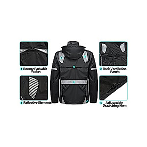 Little Donkey Andy Men's Waterproof Running Cycling Rain Jacket Reflective Raincoats Packable Windbreaker Removable Hood Black S