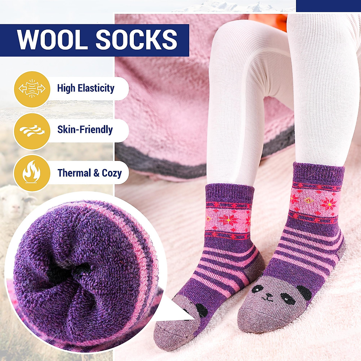 Eocom 6 Pairs Children's Winter Warm Wool Socks Kids Toddlers Boys Girls Thermal Thick Boot Cozy Crew Socks (8-12 Years, Snowflake Animal)