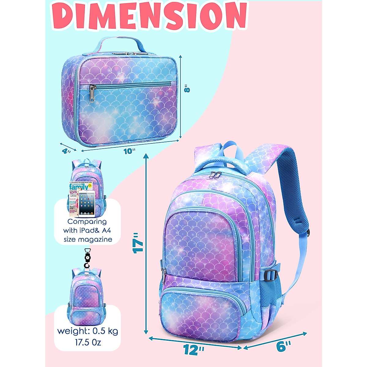 BLUEFAIRY Girls Backpack with Lunch Box Set Mermaid School Bag Set for Kids Elementary Primary School Book Bags Back to School Bookbags for Childs Lightweight Mochila para Niñas Cute Gifts Aged 4-8