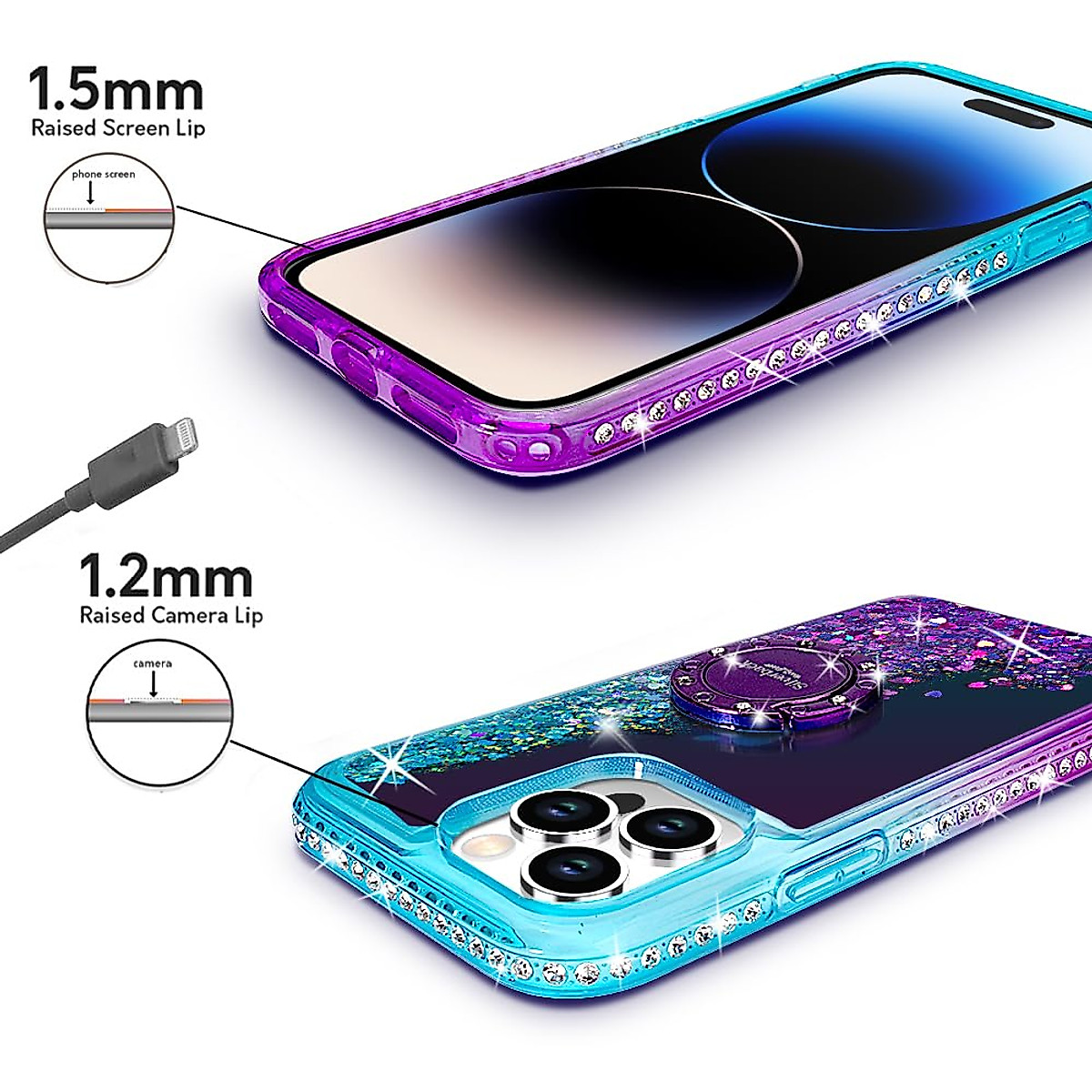 Silverback for iPhone 14 Pro Max Case, Moving Liquid Holographic Sparkle Glitter Case with Kickstand, Girls Women Bling Diamond Ring Protective Case for Apple iPhone 14 Pro Max 6.7''- Purple