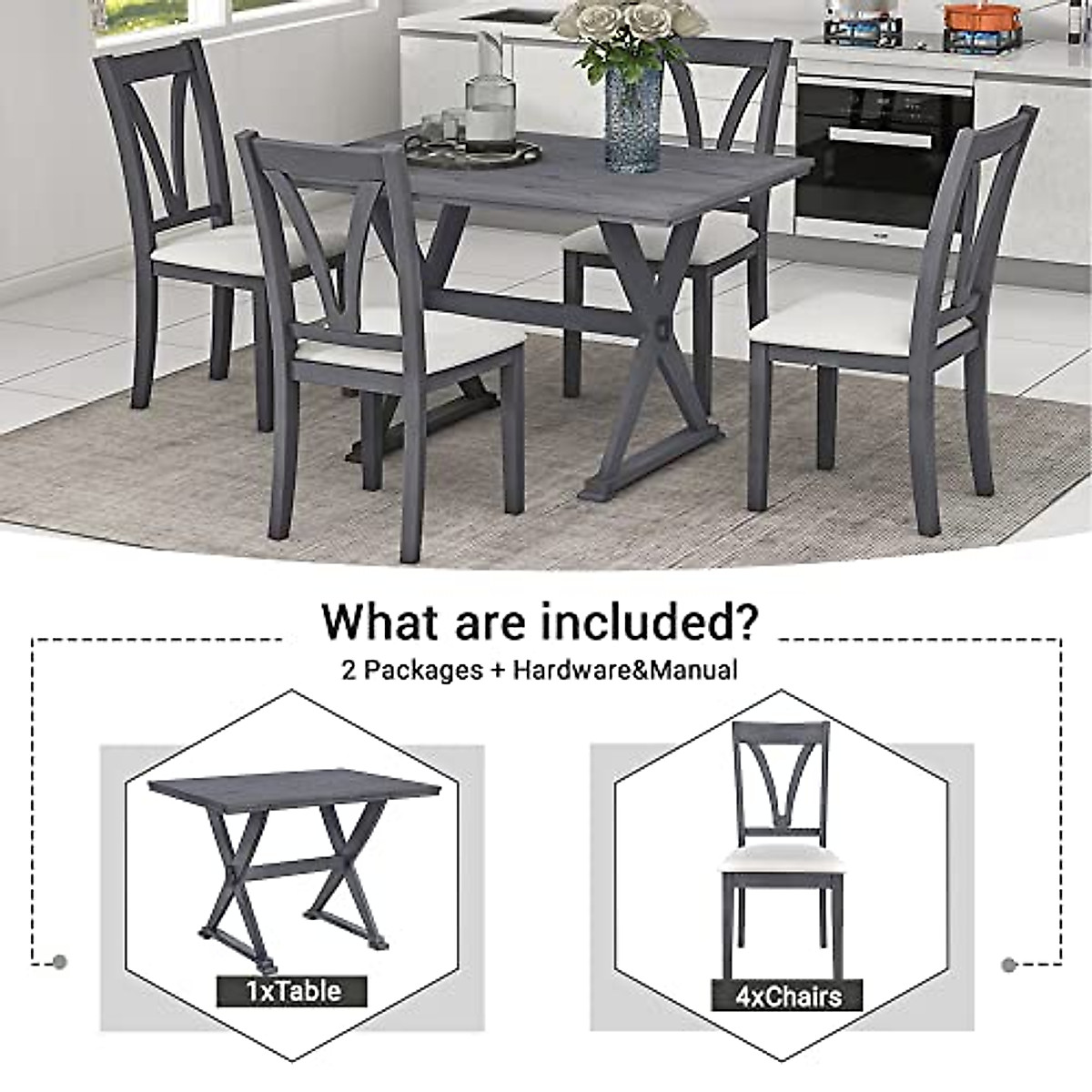 Harper & Bright Designs 5-Piece Dining Table Set with 4 Upholstered Dining Chairs, Solid Wood Dining Furniture Set for Small Place, Kitchen, Dining Room, Antique Grey