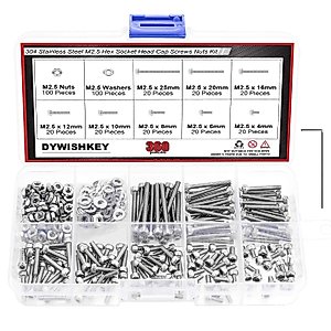 DYWISHKEY 360 Pieces M2.5 x 4mm/6mm/8mm/10mm/12mm/16mm/20mm/25mm, Stainless Steel 304 Hex Socket Head Cap Bolts Screws Washers Nuts Kit with Hex Wrench