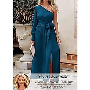 KIRUNDO Women's Satin Long Sleeve One Shoulder Maxi Dress Asymmetrical Tie Waist Slit Party Cocktail Long Formal Dresses(Dark Blue, X-Large)