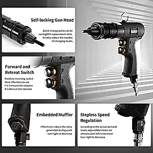 KIARUO Pneumatic Rivet Nut Gun with Self-locking Head Gun 1/4 & 5/16 & 3/8 Mandrels,Industrial Grade Adjustable Speed Pull Rivnut Gun Model:LM07 Button Switch