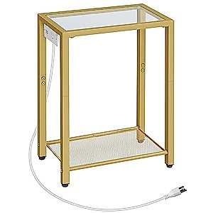 HOOBRO End Table, Side Table with Charging Station, 2-Tier Nightstand with Storage Shelves, Small Space Bedside Table, Telephone Table, Modern Coffee Table, Tempered Glass, Living Room, Gold GD56UBZ01