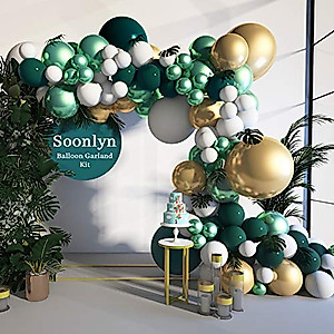 Soonlyn Jungle Party Decorations Balloon Garland Arch Kit 125 Pcs, Double Stuffed Emerald Green Gold Matellic White Balloons with Large Leaves for Safari Birthday Party Decorations Baby Shower
