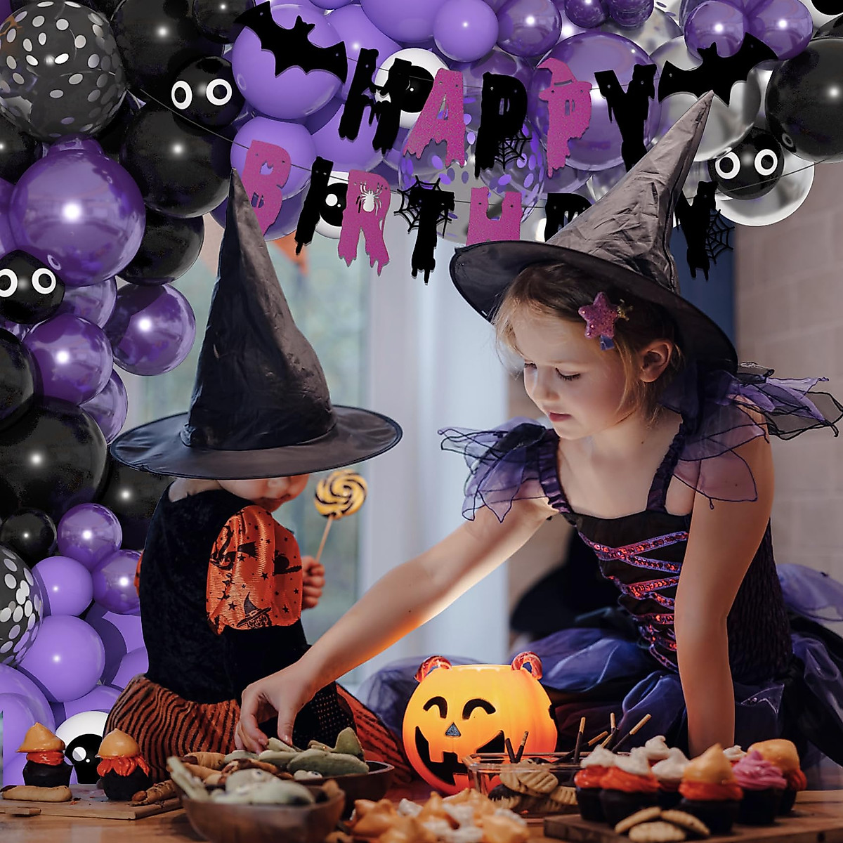 162Pcs Halloween Balloons Arch Garland Kit, Birthday Supplies Purple Black Silver 4D Balloon Spiders Web Bats Happy Birthday Banner for Gothic Halloween Birthday Party Decorations