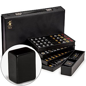 Yellow Mountain Imports Japanese Riichi Mahjong Set - Black Standard Size Tiles and Vinyl Case - with East Wind Tile, Set of Scoring Sticks, & Dice