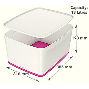 Leitz Large MyBox with Lid, Storage Box for Home and Office, High Gloss Plastic, 18 Litre, A4, White/Pink Metallic