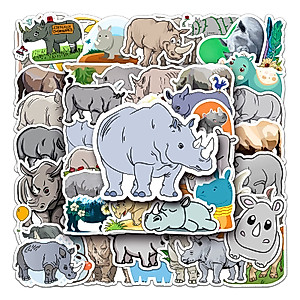 Cute Rhino Stickers,Cartoon 50 PCS Funny Rhinoceros Animal Vinyl Stickers,Laptops Water Bottles Computer Skateboard Journal Sticker Decals for Kids Teens Girls
