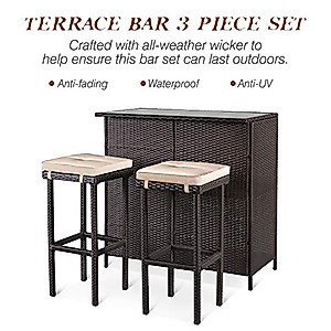 SOLAURA 3-Piece Outdoor Patio Bar Set Black Brown Wicker Bar Table Set Patio Furniture Set Outdoor Bar and Two Stools with Cushions for Backyards, Lawn, Garden, Deck, or Poolside