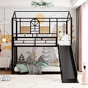 LostCat Metal House Bunk Bed with Slide,Twin Over Twin Bunk Bed with Safety Guardrails and Roof Design for Kids,Teens, Girls, Boys,No Box Spring Required,Black