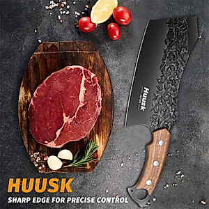 Huusk Meat Cleaver Knife with Sheath, Forged Full Tang Butcher Knife for Meat Cutting Black Viking Knife for Vegetables Cooking Knife for BBQ Camping Outdoor Gifts for Dad Thanksgiving Christmas Gift