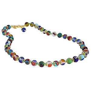Glass Of Venice Murano Glass Necklace Shorter Length 17-Inches - Italian Millefiori Multicolor Mosaic Beads Handmade Blown Glass - Murano Glass Necklaces for Women