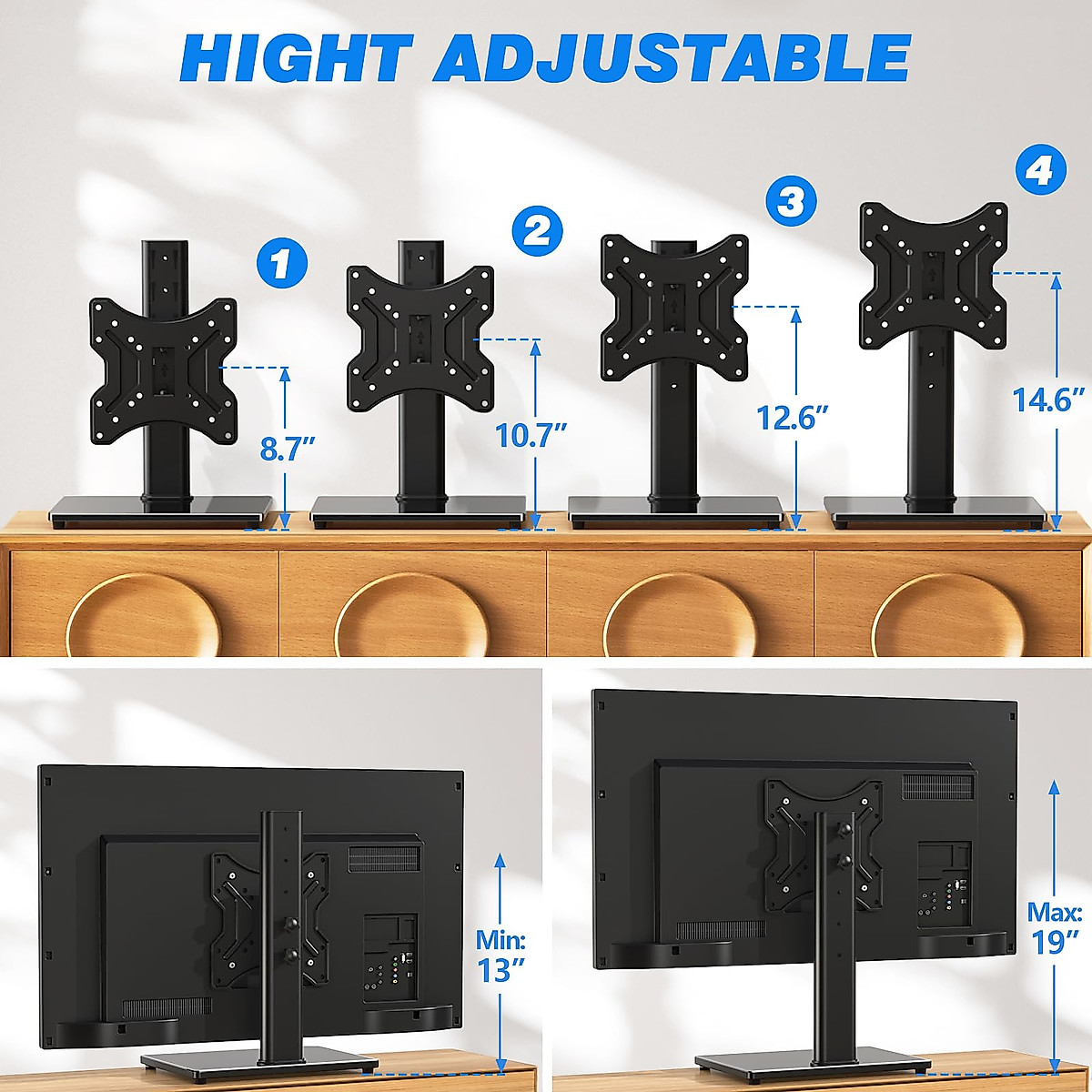 Rfiver Universal Swivel Tabletop TV Stand for Flat Screens 23 24 26 32 39 40 42 43 Inch, Heavy Duty Center Pedestal Stand Replacement with Black Tempered Glass Base and Height Adjustable Mount