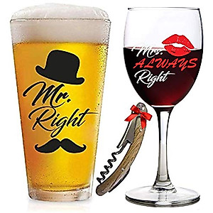 Funny Wedding Gifts | Mr. Right and Mrs. Always Right Glasses Beer & Wine Glass | For Engagement, Gifts for Couples, Anniversary, Newlyweds, Bridal Shower, Bachelorette, Valentines Day, Couples Unique