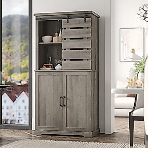 HOSTACK Tall Farmhouse Storage Cabinet, Sliding Barn Door Kitchen Cabinet with Adjustable Shelves, Freestanding Bookcase Buffet Cabinet for Kitchen, Dining Room, Living Room, Home Office, Ash Grey