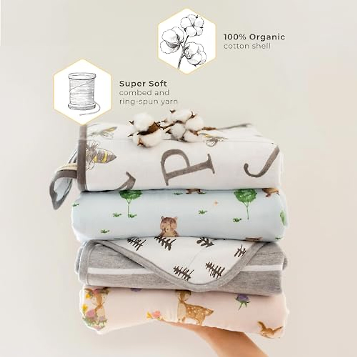 Burts Bees Baby Infant Reversible Blankets 100% Organic Cotton GOTS Certified - Sweet Doe Prints with Quilting Pattern Soft Nursery Blanket with 100% Polyester Fill for Size 30 x 40 Inch