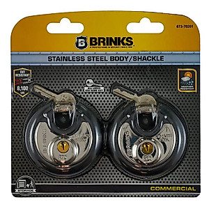 BRINKS Heavy Duty Padlock & Key 2 Pack- 70mm Stainless Steel Keyed Alike Commercial Discus Keyed Lock for Storage Shed, Garage, Locker, Sliding Doors, Cabinets & More Round with Steel Shackle, Black