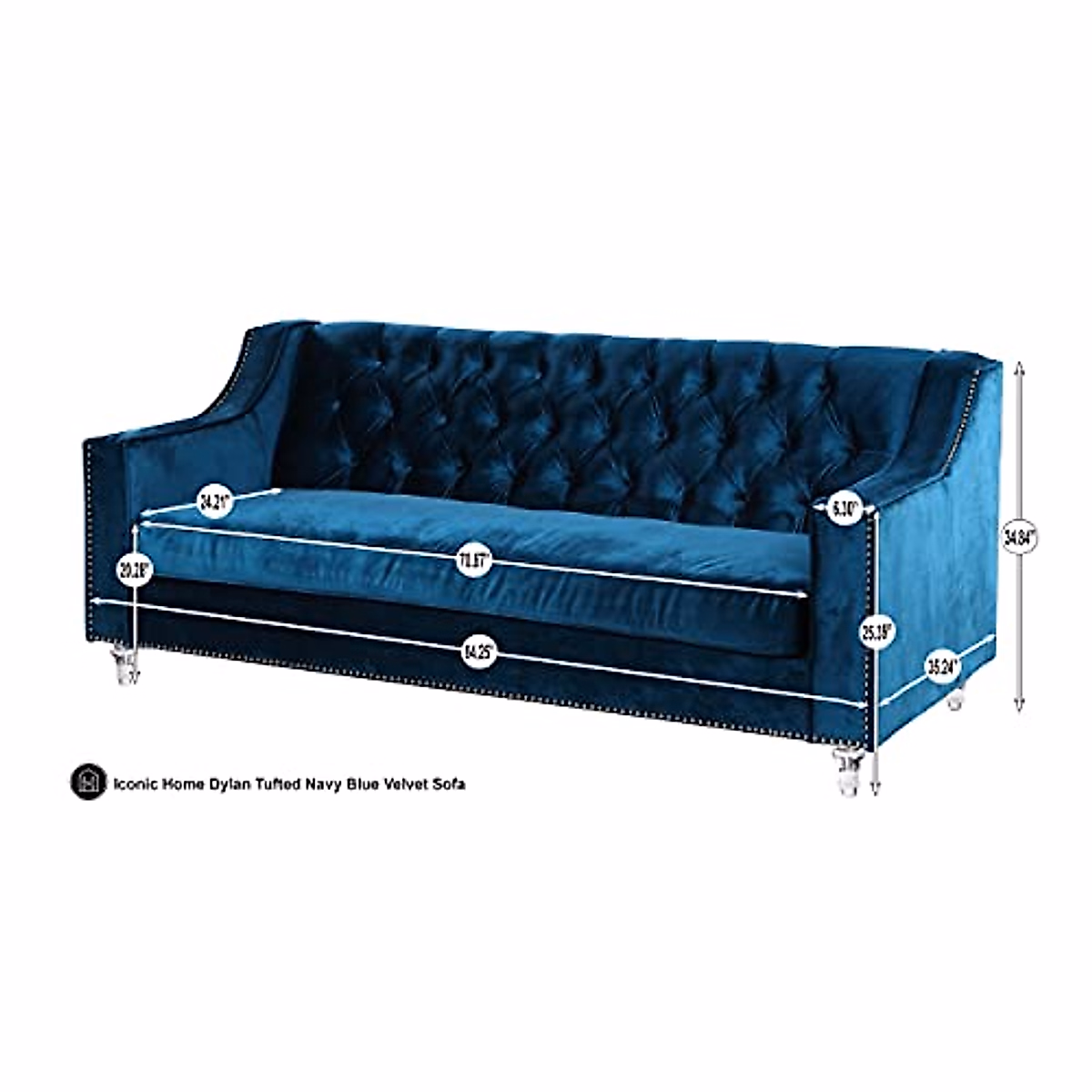 Iconic Home Dylan Velvet Modern Contemporary Button Tufted with Silver Nailhead Trim Round Acrylic Feet Sofa