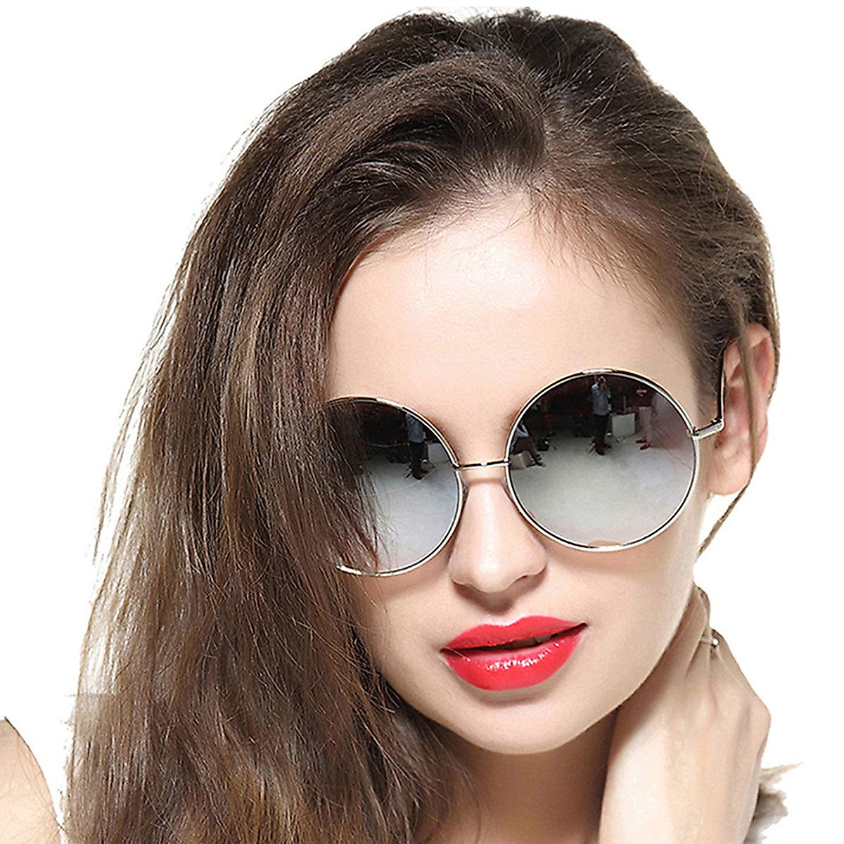 GEELOOK Round Sunglasses for Women Men Classic Oversized Circle Mirrored Hippie Hipster Polarized Sunglasses Metal Frame Mercury Lens