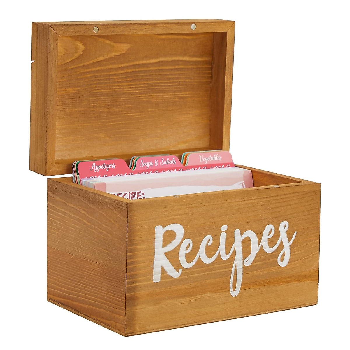 Juvale Wooden Recipe Box with Cards and 24 Dividers with Meat, Veggie, Dessert Tabs (7x5x5 in)
