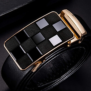 Dubulle Designer Men Leather Belt Fashion Black Plaid Sliding Adjustable Automaitc Rachet Buckle for Dress Casual
