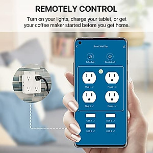 Wireless Wall Tap Smart Plug,Surge Protector, 4 Outlet Extender with 4 USB Charging Ports, Compatible with Alexa, Google Assistant and Siri, no Hub Required (4 Outlets,4 USB Ports),ETL Certification