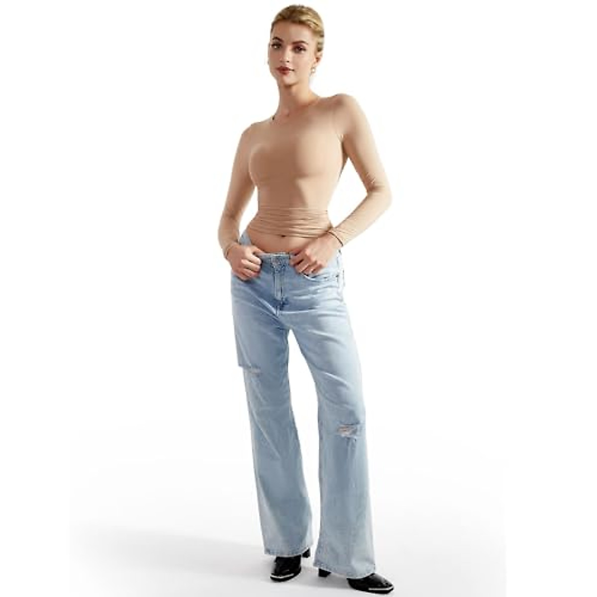 SUUKSESS Women Double Lined Fitted Basic Tee Shirts Crew Neck Long Sleeve Going Out Crop Tops (Champagne, XS)