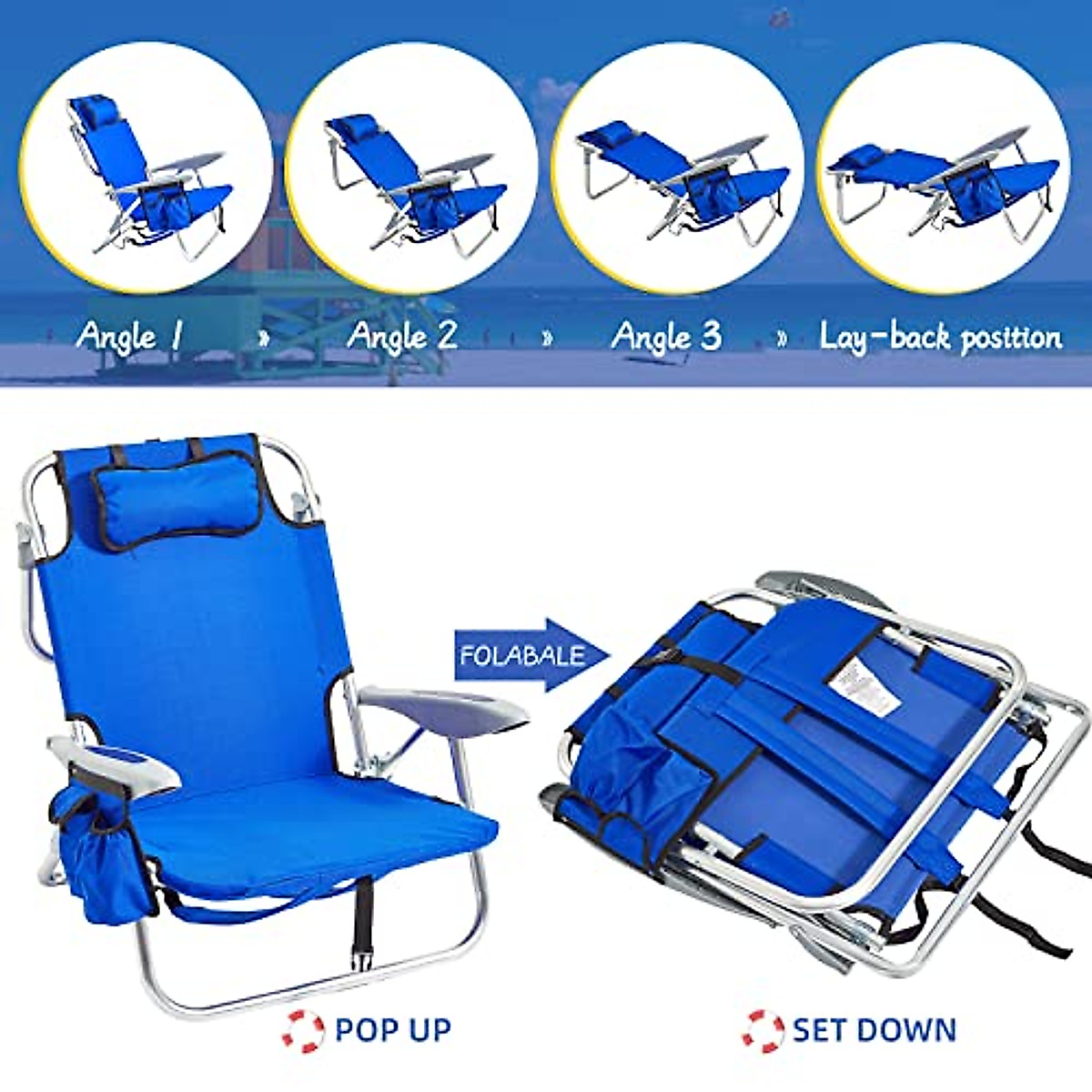 Canpsky Portable Beach Chair for Adults, 4 Position Backpack Folding Camping Chairs for Outdoor, Beach Chairs with Backpack Straps,Blue…