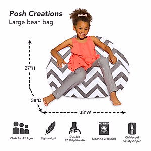 Posh Creations Beanbags Bean Bag Chair, Large-38in, Canvas Chevron Gray and White