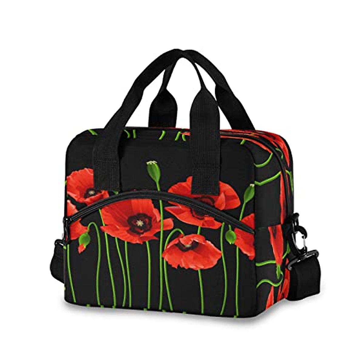 Large Lunch Bag for Women Men Flower Poppy Art Painting Cooler Bags Insulated Lunch Tote Bag with Zipper Top & Detachable Shoulder Strap for Work Picnic Beach, No Leak