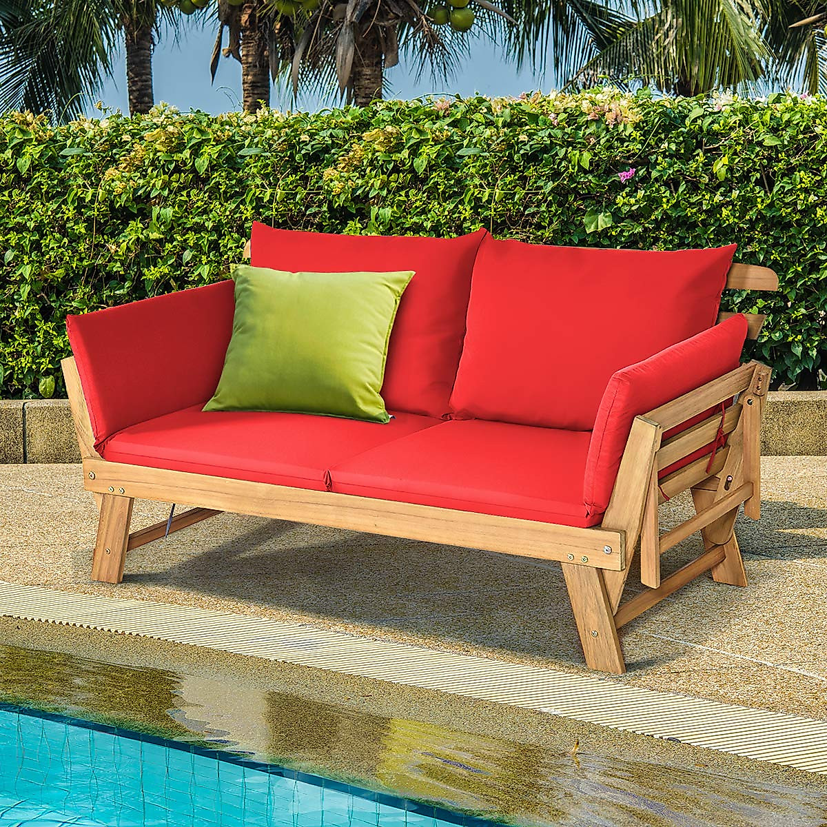 Tangkula Acacia Wood Patio Convertible Couch Sofa Bed with Adjustable Armrest, Outdoor Daybed with Cushion & Pillow, Folding Chaise Lounge Bench Ideal for Porch Courtyard Poolside (Red)