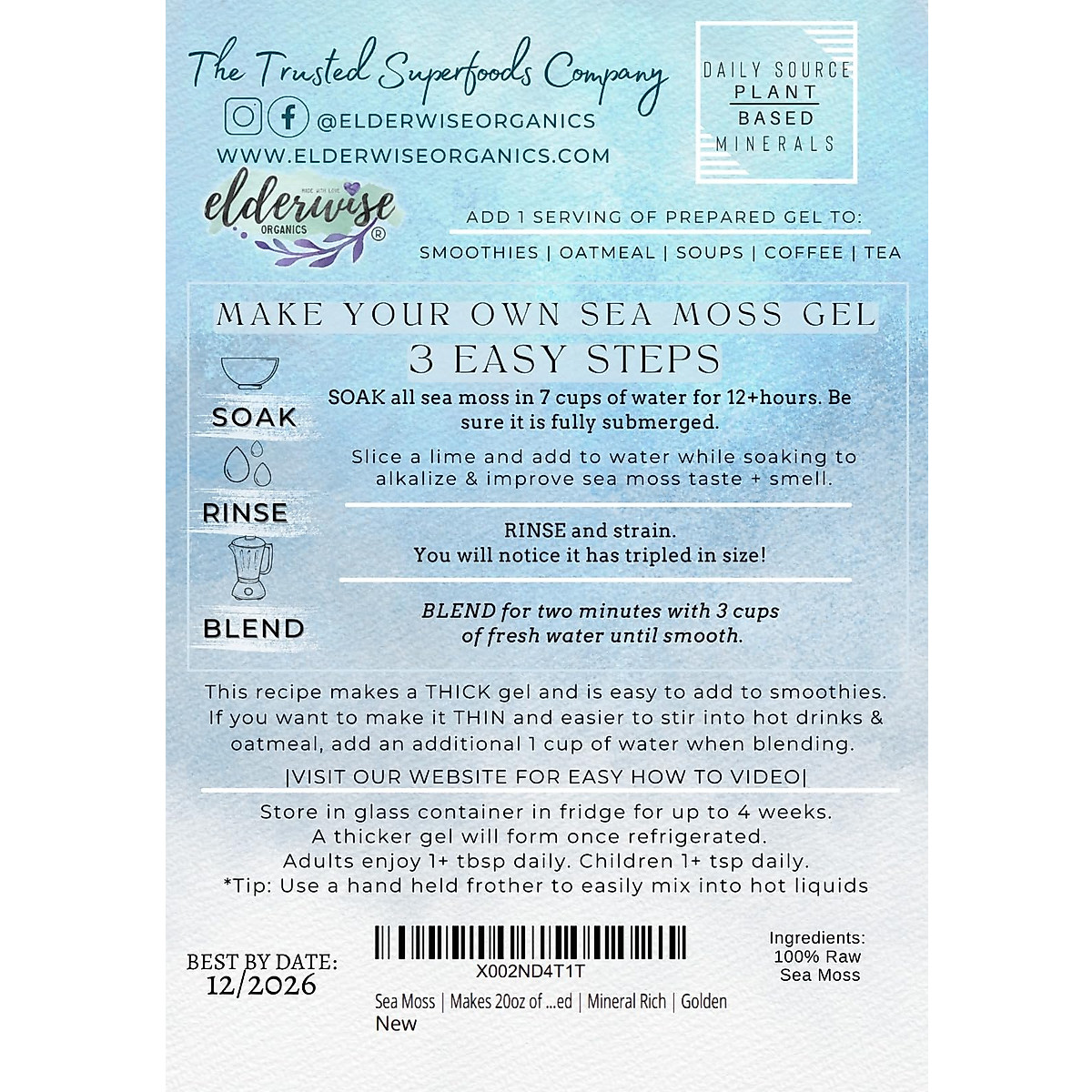 Elderwise Raw Sea Moss | Organic Seamoss Makes 20oz of Gel | Wildcrafted Golden Sea moss | Raw & Non GMO Certified | Sundried | Mineral and Vitamin Rich | Golden