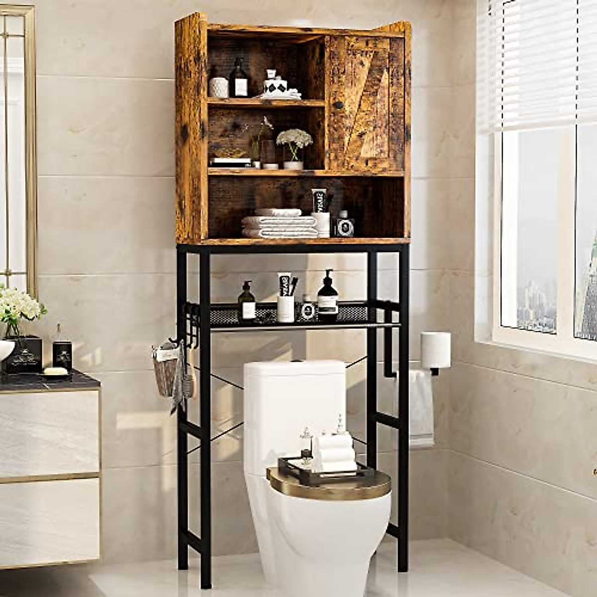 AWQM Over The Toilet Storage Cabinet, Bathroom Cabinet Organizer with Adjustable Shelf, Freestanding Space Saver Toilet Stands with Door, Paper Hook, Multifunctional Bathroom Toilet Rack, Rustic Brown