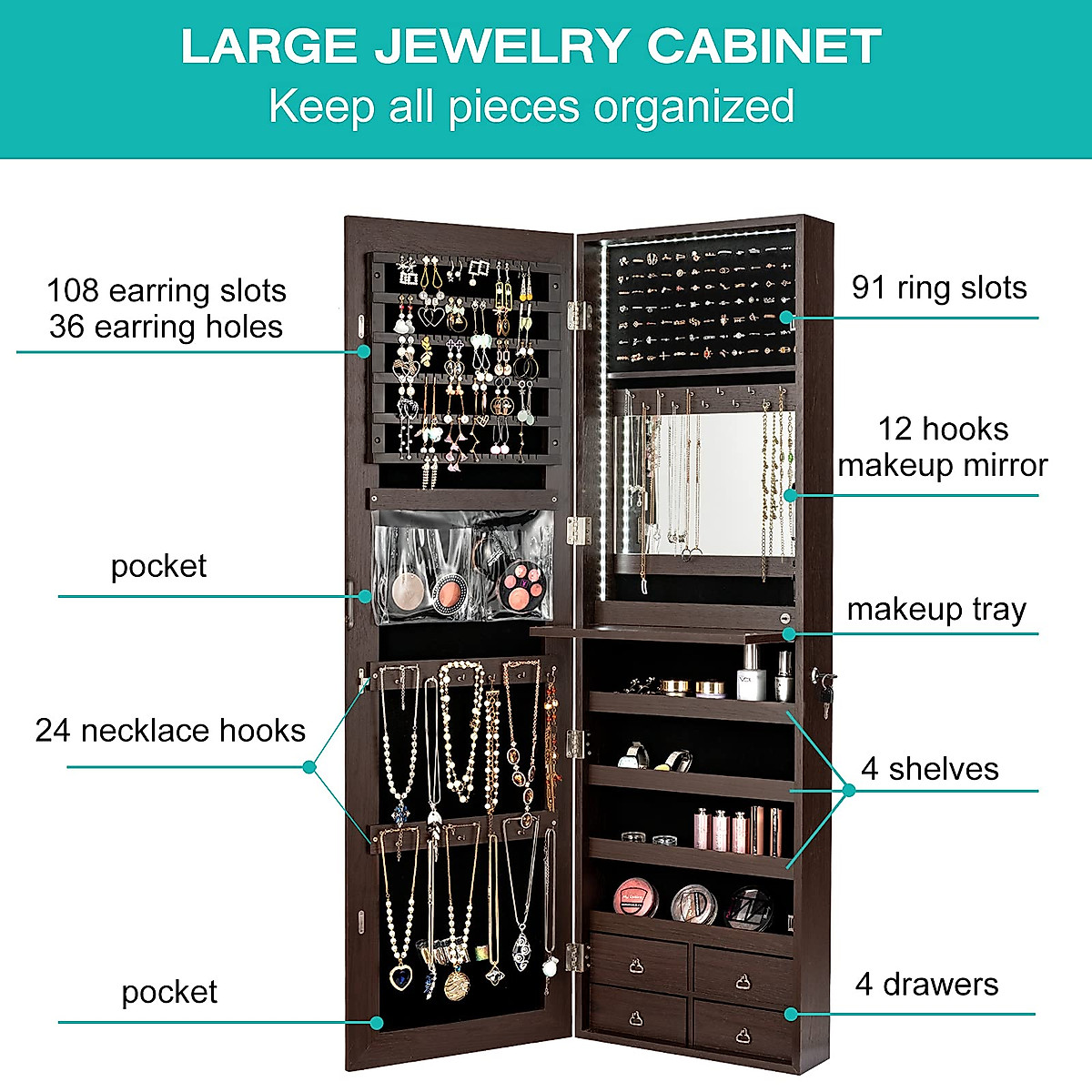 CHARMAID LED Strip Jewelry Armoire with 47.2" H Full Length Mirror, Wall/Door Mounted Jewelry Organizer with Built-in Mirror, Flip-over Cosmetic Tray, 4 Drawers, Large Storage Jewelry Cabinet (Coffee)