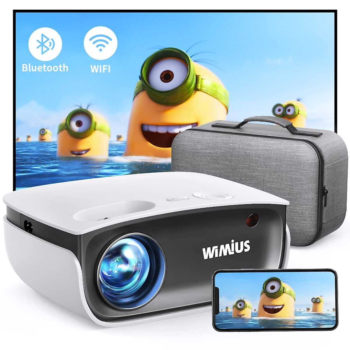 Wimius Mini Projector with WiFi and Bluetooth,240” Display&1080P Full Hd Enhanced Suport,Portable Phone Movie Projector for Outdoor Movie Night, Compatible with Tv Stick/ PC/PS5/IOS/Android