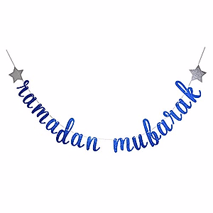 Blue Ramadan Kareem Banner with Silver Stars Hanging Banners Eid Festival Party Decoration