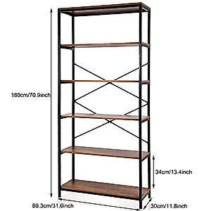 Aceshin 6 Tier Bookcase, Solid Wood Bookshelf Rustic Vintage Industrial Bookcase, Metal and Wood Vintage Bookshelf (6 Tier)