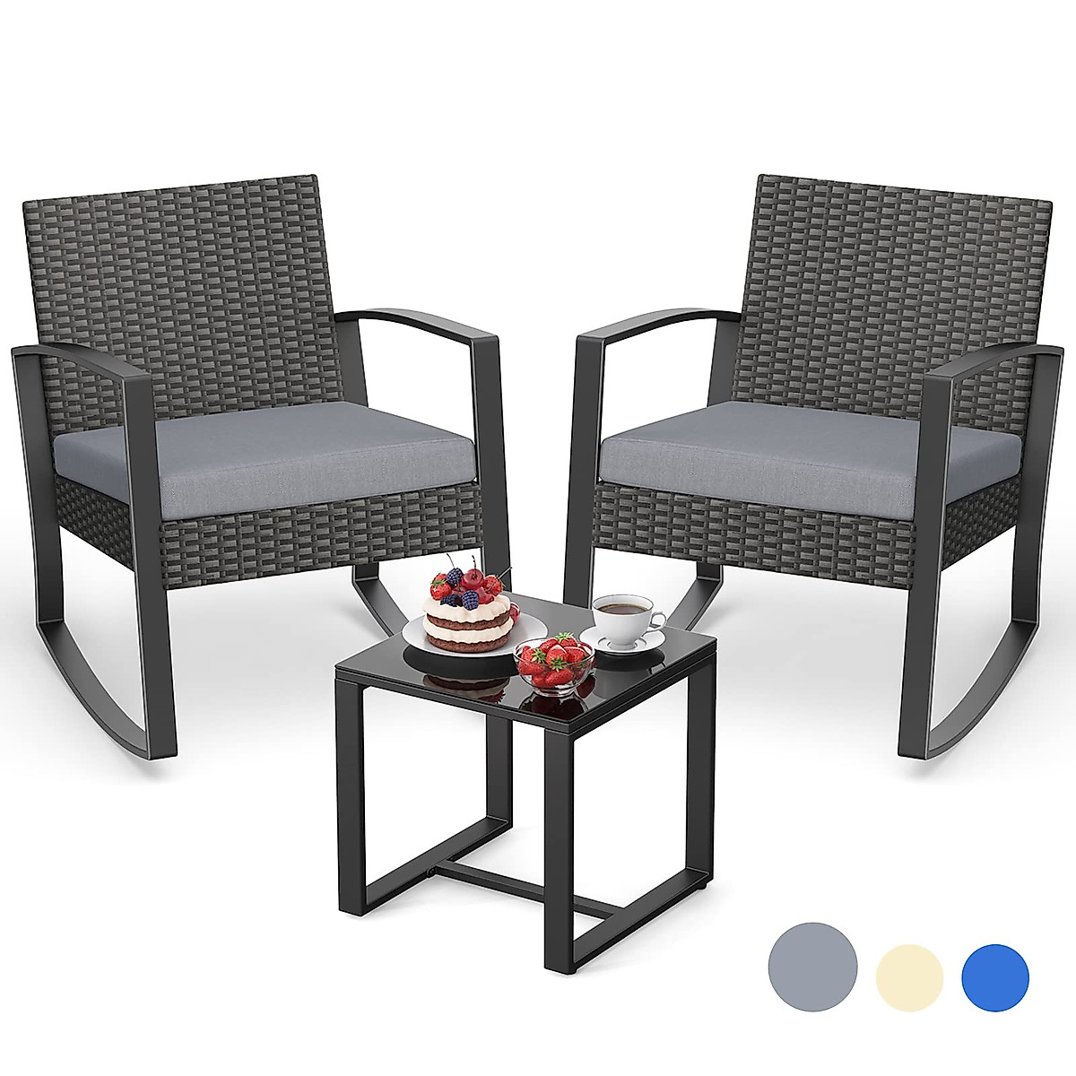 Aiho 3 Pieces Patio Furniture Set, Outdoor Rocking Chair Sets with Cushion, Modern Rattan Conversation Sets for Porches and Balcony, Gray Cushion