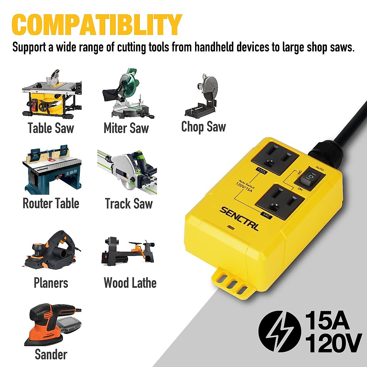SENCTRL Automatic Vacuum Switch with 5 Ft Power Cord Allow Power Tool/Table Saw To Turn Vac Cleaner/Accessory On And Off Automatically, On Delay Prevent Circuit Overload, Shop Dust Collector Off Delay