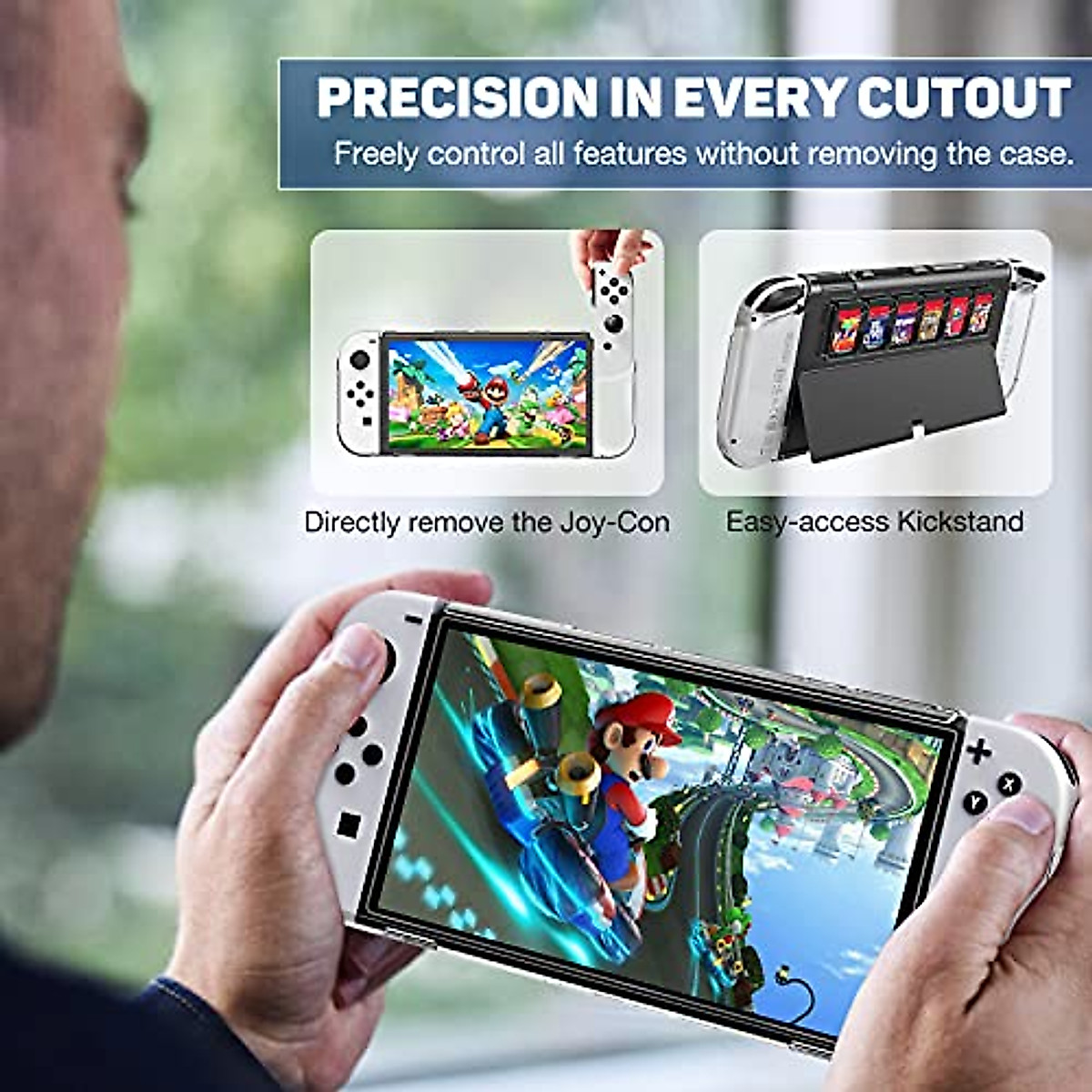 MoKo Case Compatible with Nintendo Switch OLED Model 2021, PC Protective Accessories Cover Case with 6 Game Card Slots and 6 Thumb Caps & 2 Tempered Glass Screen Protectors, Clear+Blue