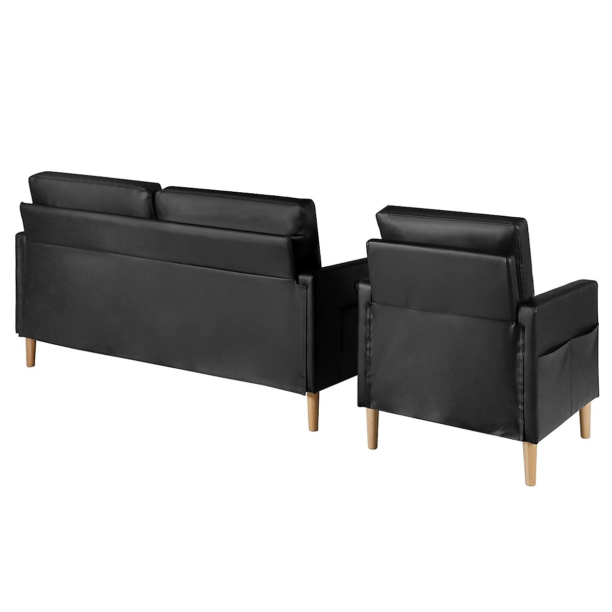 AILEEKISS Mid-Century Sectional Sofa Set for Living Room Faux Leather Office 2 Pcs Couch Set with Armrest Modern Upholstered Loveseat Couches (1-Seater+2-Seater, Black)