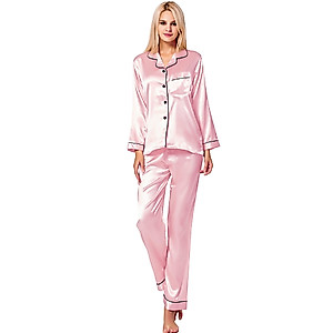 SWOMOG Womens Silk Satin Pajamas Long Sleeve Loungewear Two-piece Sleepwear Button-Down Pj Set Pink
