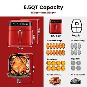 KOOC Air Fryer, 6.5 Quart 10 in 1 Electric Air Fryer Oven (Free Cheat Sheet for Quick Reference), LED Touch Digital Screen, Easy Customized Temp/Time, Nonstick Basket, 1700W, Red