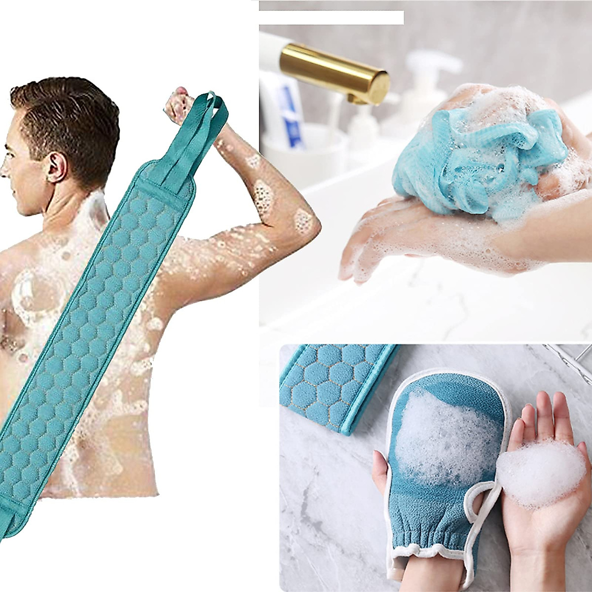 MILIDEE Bath Shower Set Scrubber Glove Loofah Sponge Pouf, Bath Brush Extra Long Dual Sided Scrubber Long Lasting Deep Clean Super Soft, Body Scrubber Exfoliator Men Woman Finger Tricky Toy, Blue