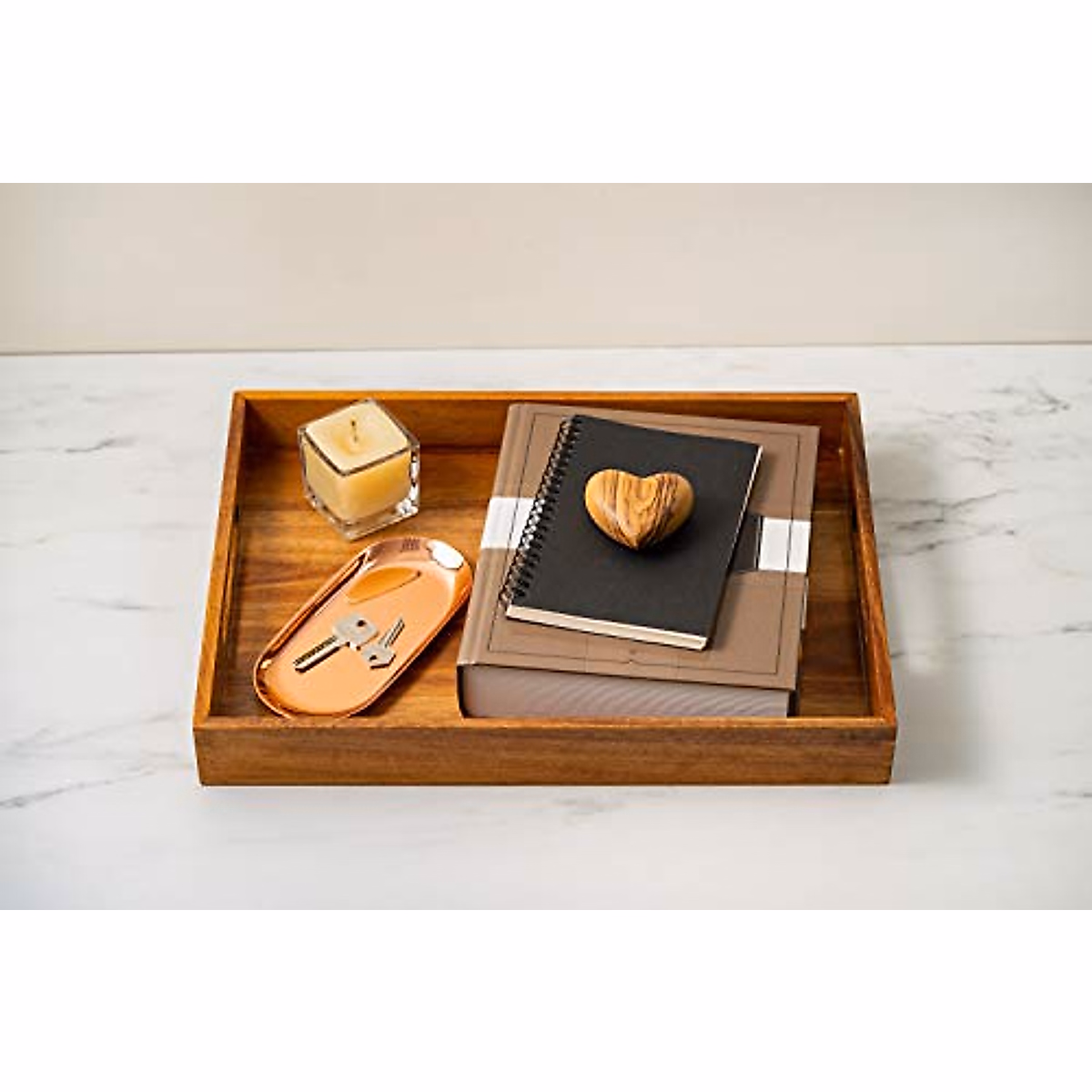 DecoVibe Acacia Wood Serving Tray with Handles - Rustic Wooden Tray for Living Room - Decorative Ottoman Wood Tray - 16" x 12" x 2" Large Food Trays for Ottomans, Coffee Table, Breakfast, Bed, Couch