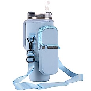 Water Bottle Holder with Strap for Stanley 40oz Tumbler with Handle, Water Bottle Carrier Bag with Phone Pocket, Tumbler Accessories for Stanley, Water Bottle Sleeve for Walking Hiking Camping(Blue)