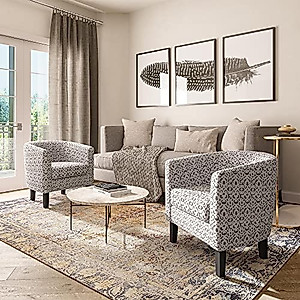 BELLEZE Modern Accent Chair, Linen Barrel Chair Cozy Arm Chair for Living Room, Bedroom, or Reception Room with Flared Legs and Plush Cushion - Highland (White & Brown)