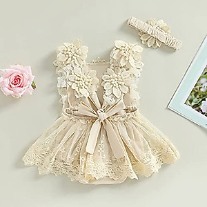 Mubineo Baby Girl Summer Clothes Lace Romper Skirt Dress Princess Outfits Sleeveless Flower Newborn Outfit (Beige, 3-6 Months)